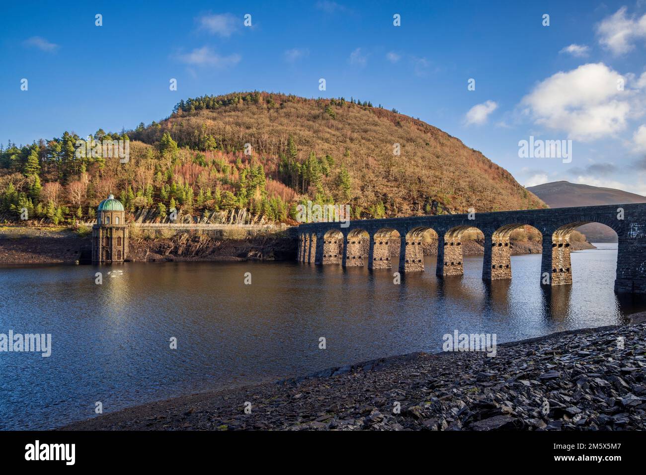 The domed valve tower and bridge of Garreg Ddu dam in the Elan Valley ...