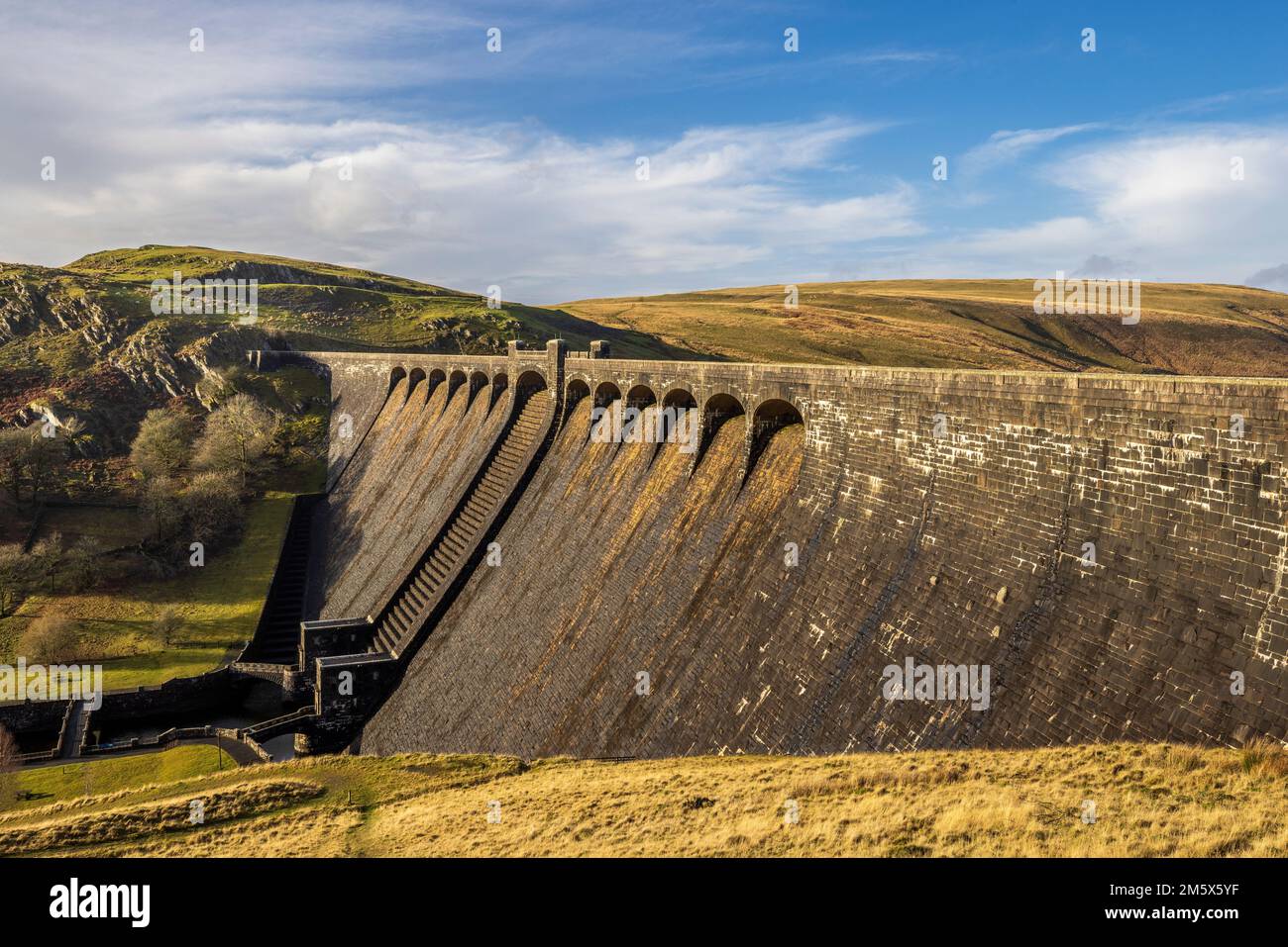 The Claerwen Reservoir dam in the Elan Valley, Powys, Wales Stock Photo ...