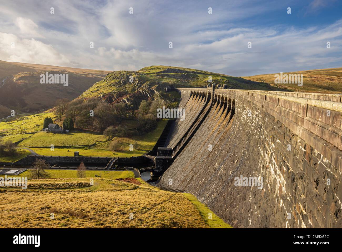 The Claerwen Reservoir dam in the Elan Valley, Powys, Wales Stock Photo ...