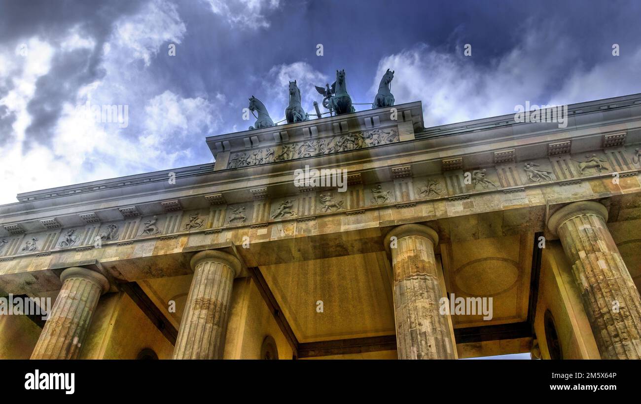 A low angle of Brandenburg Gate neoclassical monument statues on top ...