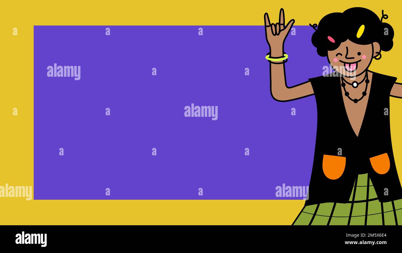 Playful cool kid character on a dull yellow frame and purple background ...