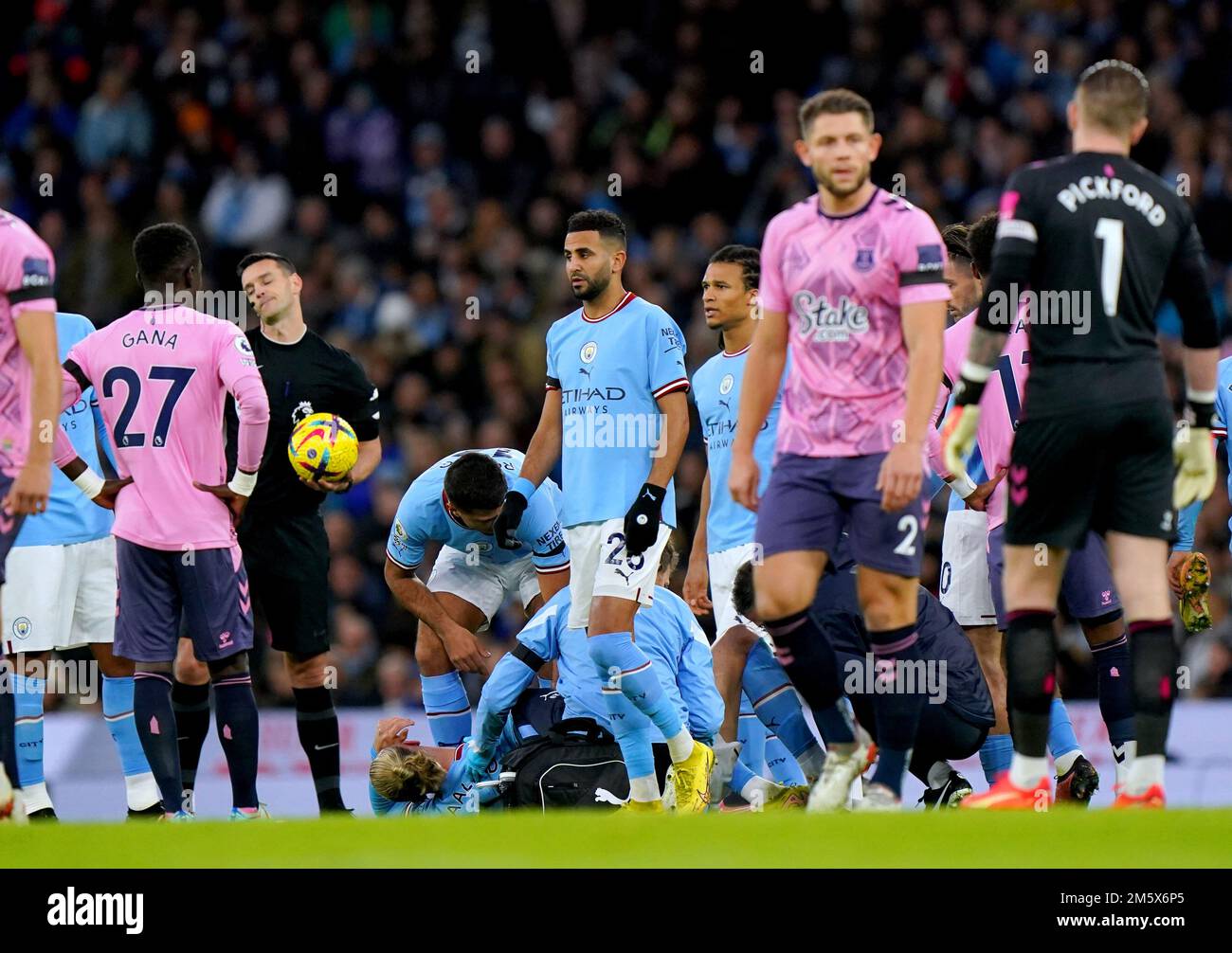 Manchester City's Erling Haaland goes down injured during the Premier ...