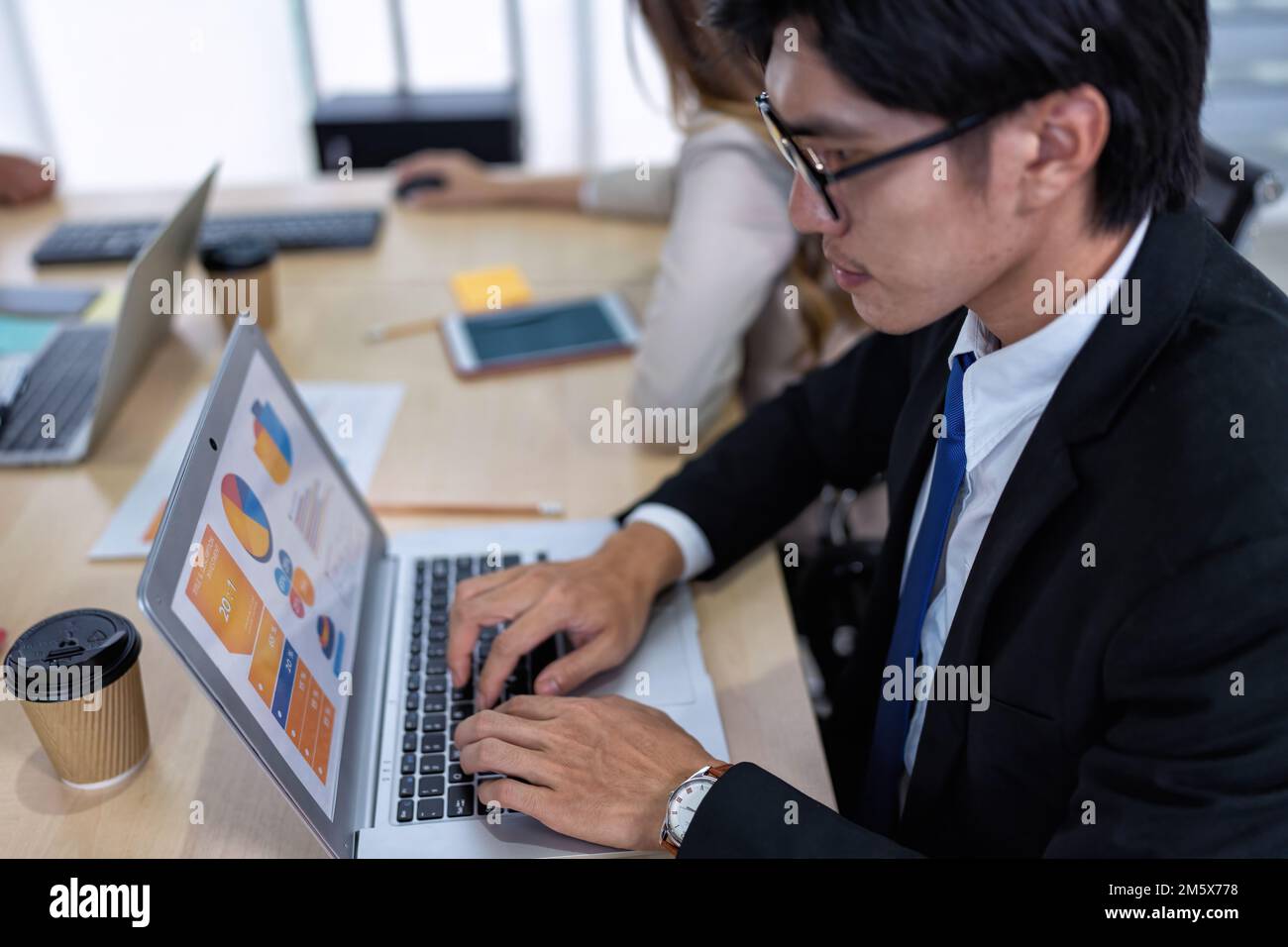 Young business man working in office use laptop computer screen show ...