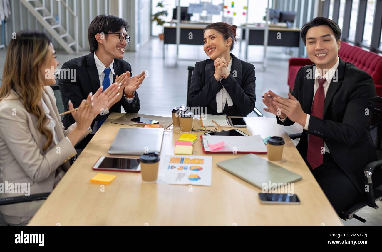 Team working by group video call meeting share ideas brainstorming ...