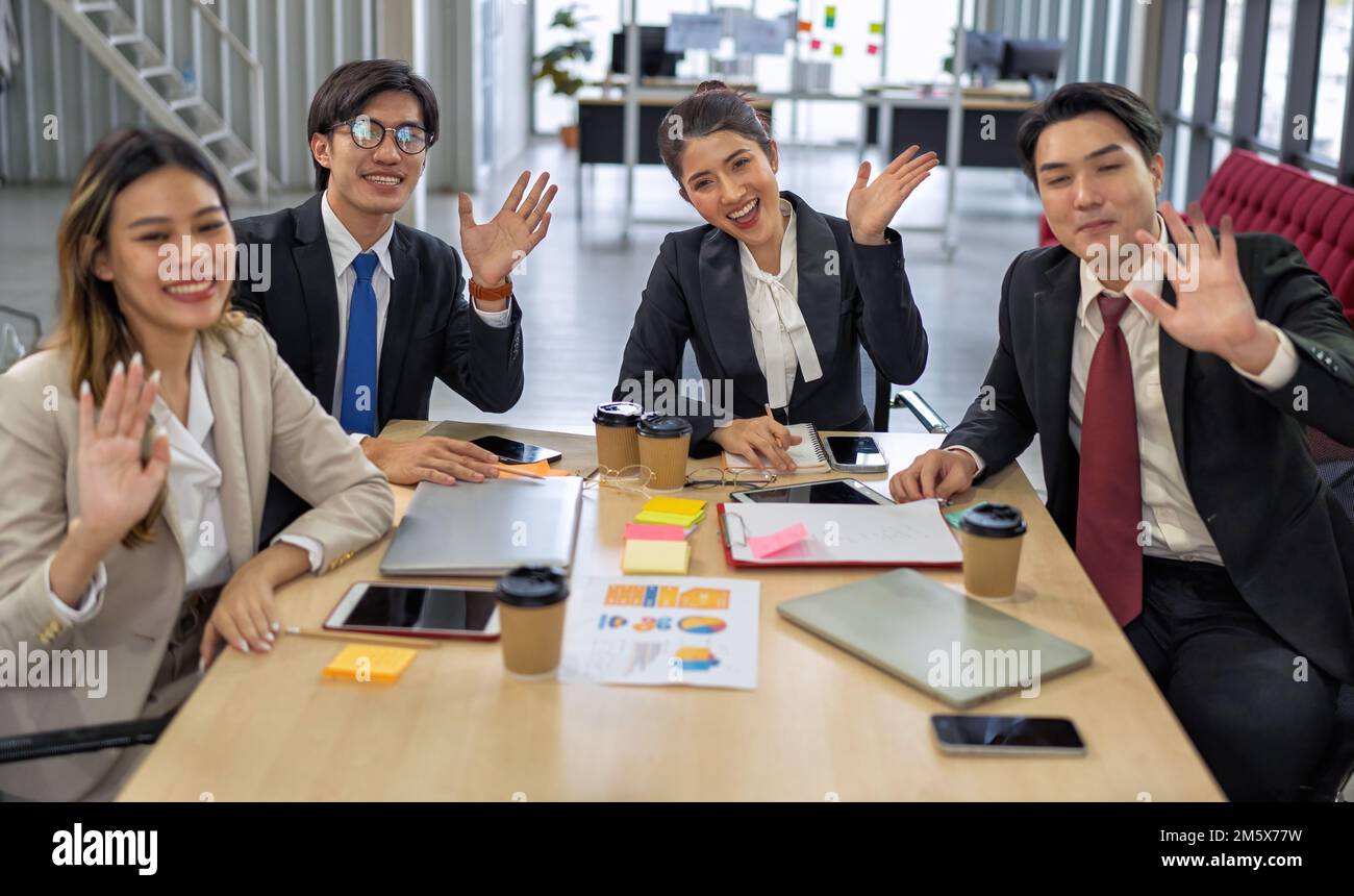 Team working by group video call meeting share ideas brainstorming ...