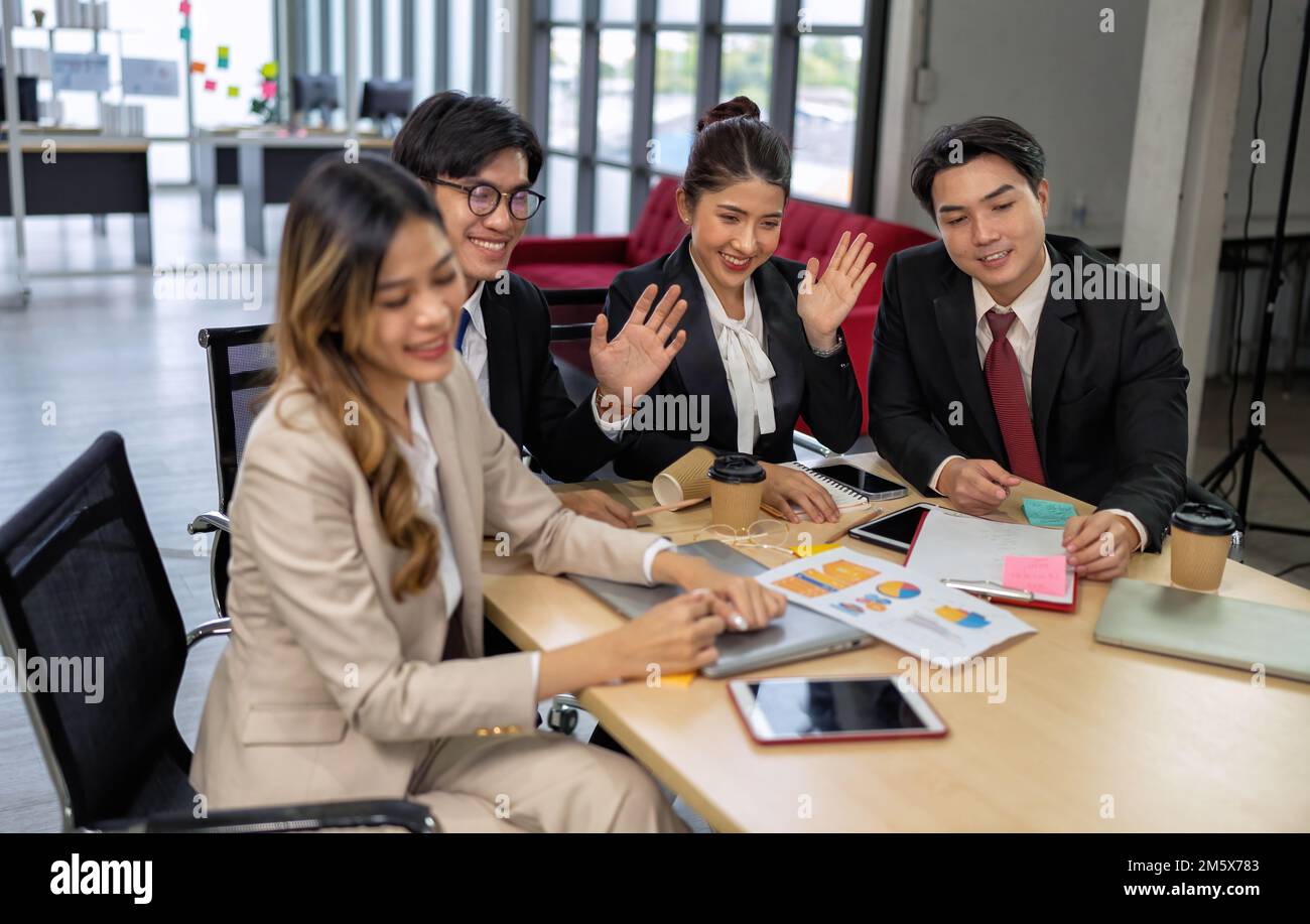 Team working by group video call meeting share ideas brainstorming ...