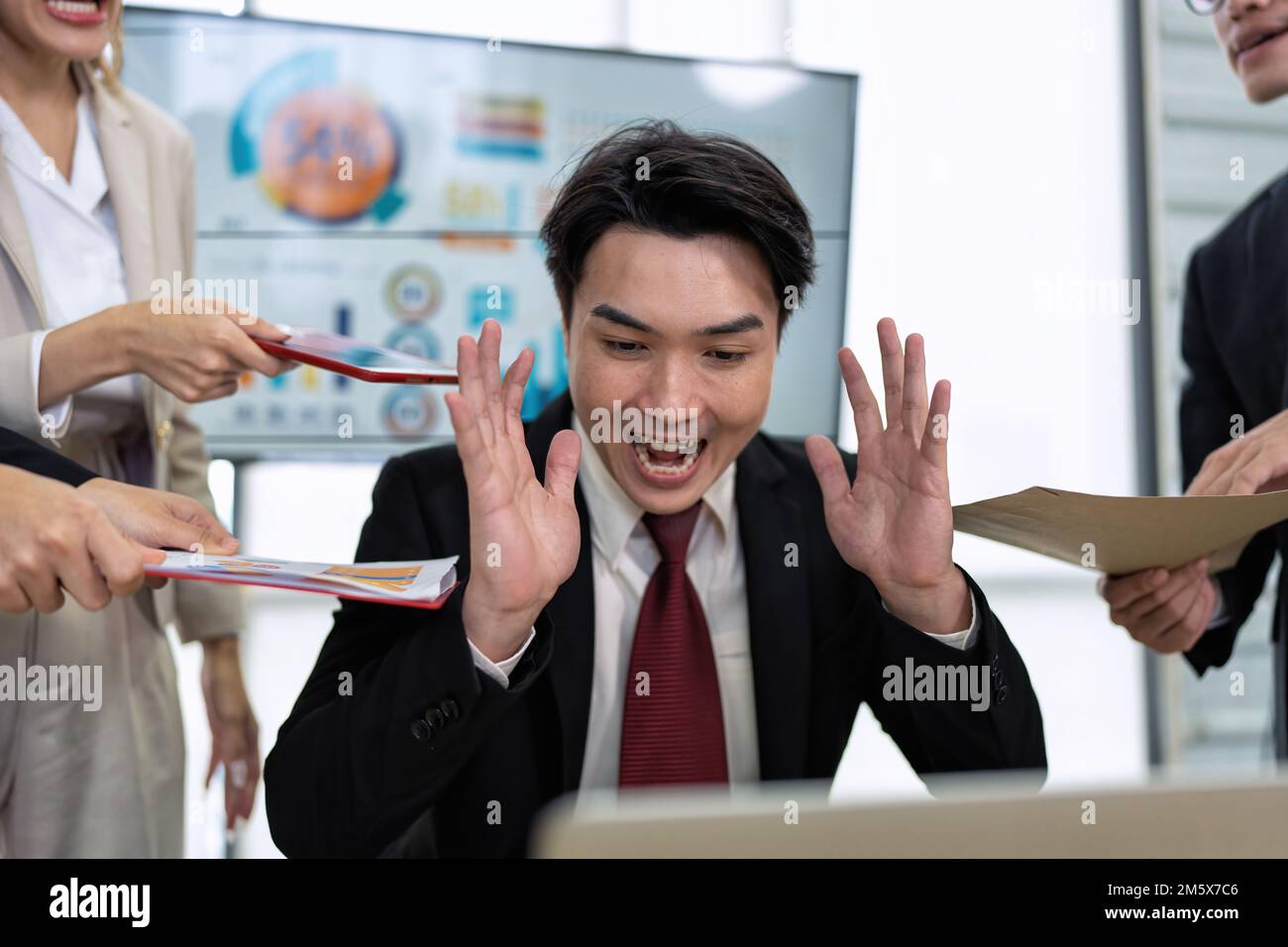 Stressed overwhelmed business worker feels tired at work overload ...
