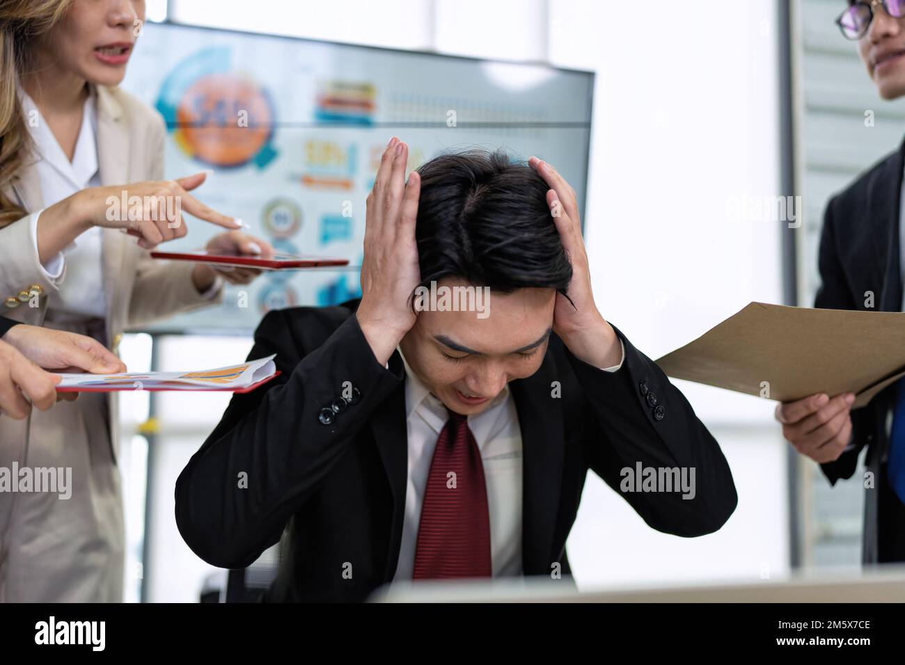 Stressed overwhelmed business worker feels tired at work overload exhausted suffering from ...