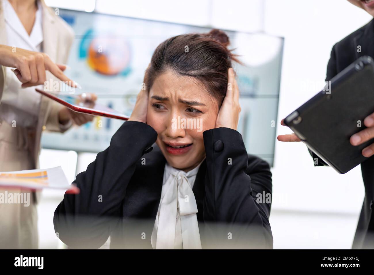 Stressed overwhelmed business worker feels tired at work overload ...