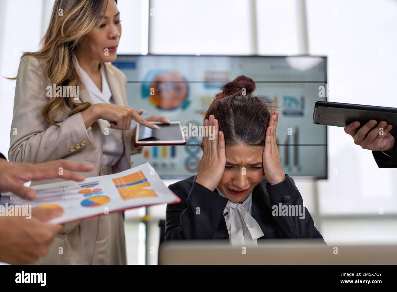Stressed overwhelmed business worker feels tired at work overload ...