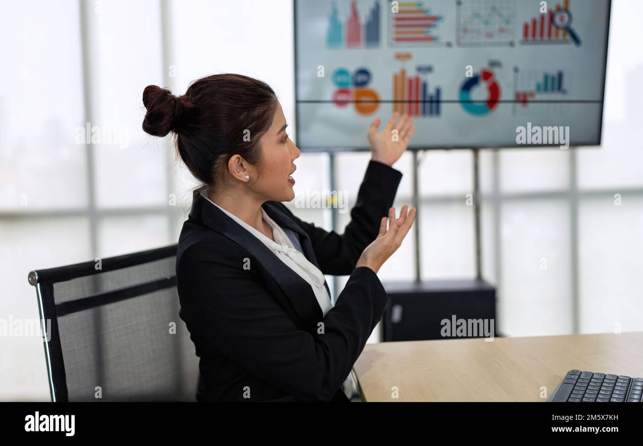 Employee meeting big screen tv presentation conference discussion ...