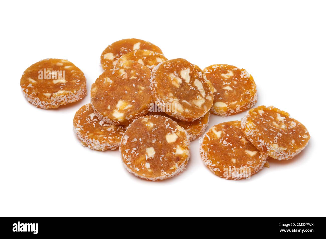 Heap of slices energy food, ground dried apricot, nuts and shredded ...