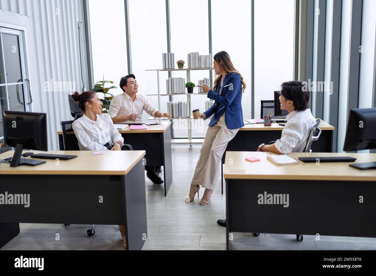 Happy business coworkers and manager good friendly talking trusting ...