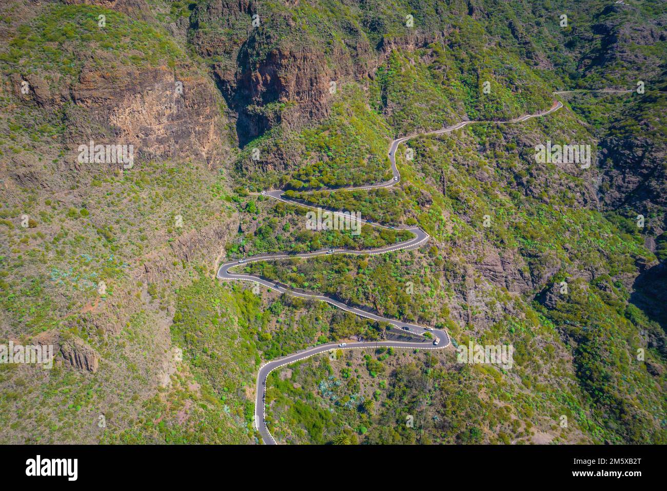 Aerial view of an extreme winding serpentine road in Tenerife island on ...