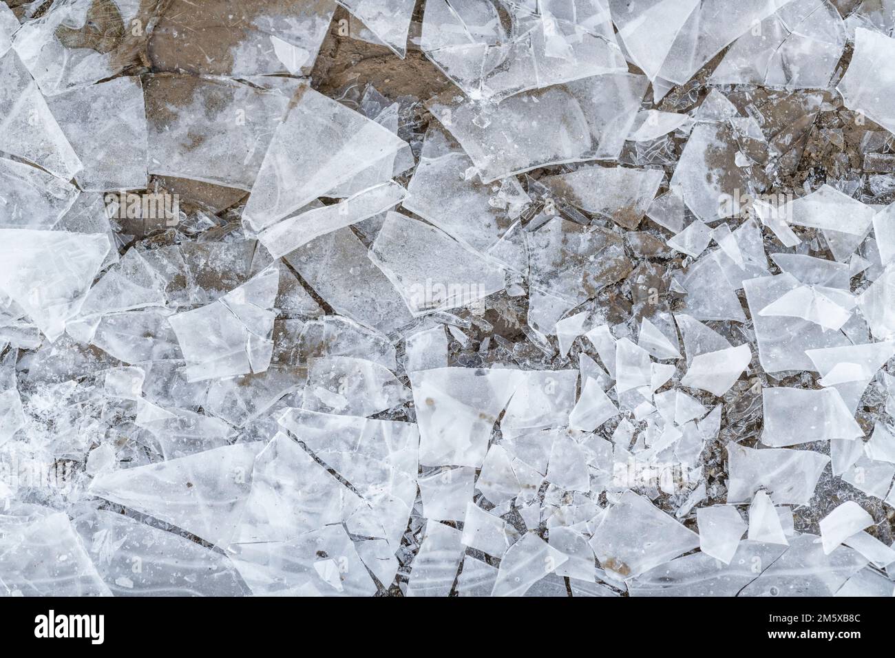 Close shot of shattered broken ice of a frozen puddle on a rural ...