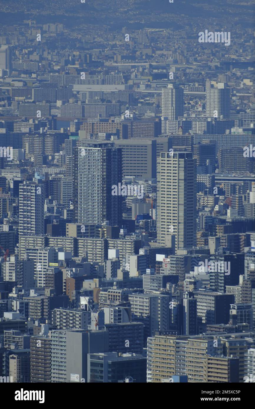 Aerial view of Osaka from Abeno Harukas tower. “Harukas” is an old ...