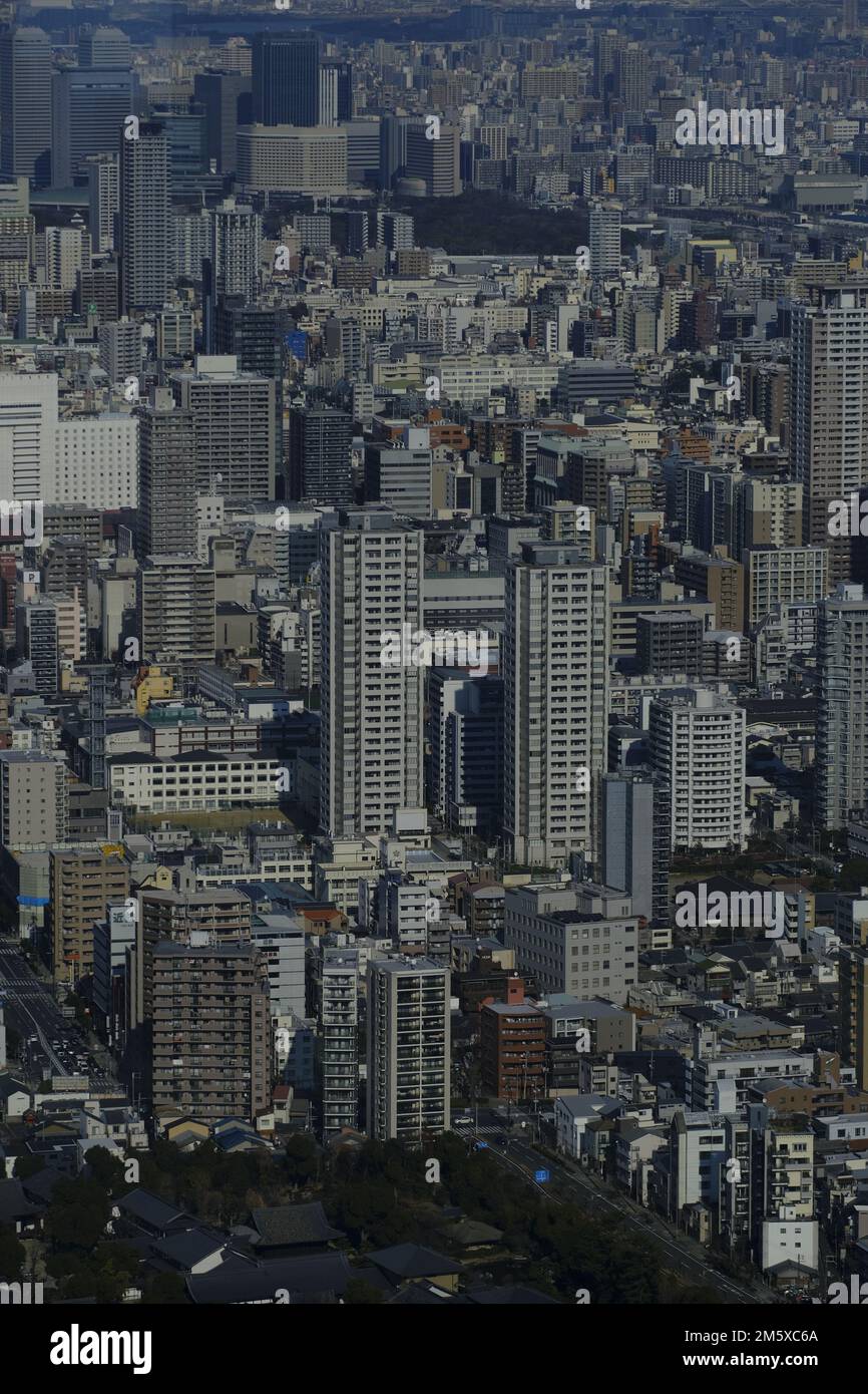 Aerial view of Osaka from Abeno Harukas tower. “Harukas” is an old ...