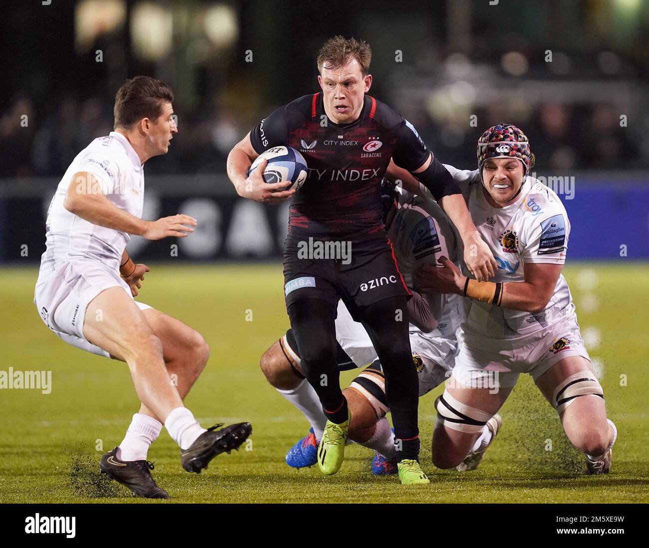 Saracens Nick Tompkins gets tackled during the Gallagher Premiership ...