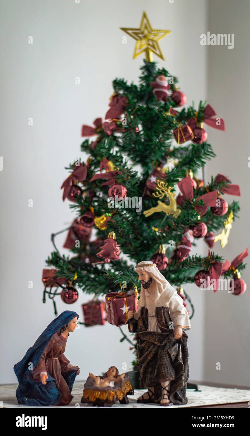 Christmas nativity scene with Christmas tree in background Stock Photo ...
