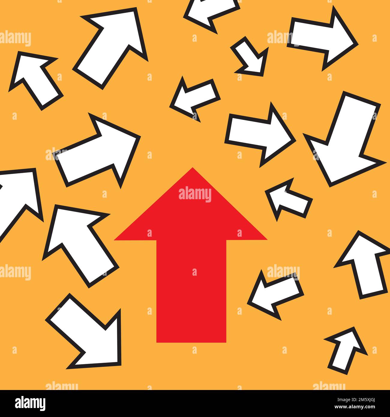 A red arrow on an orange background with white arrows around pointing ...