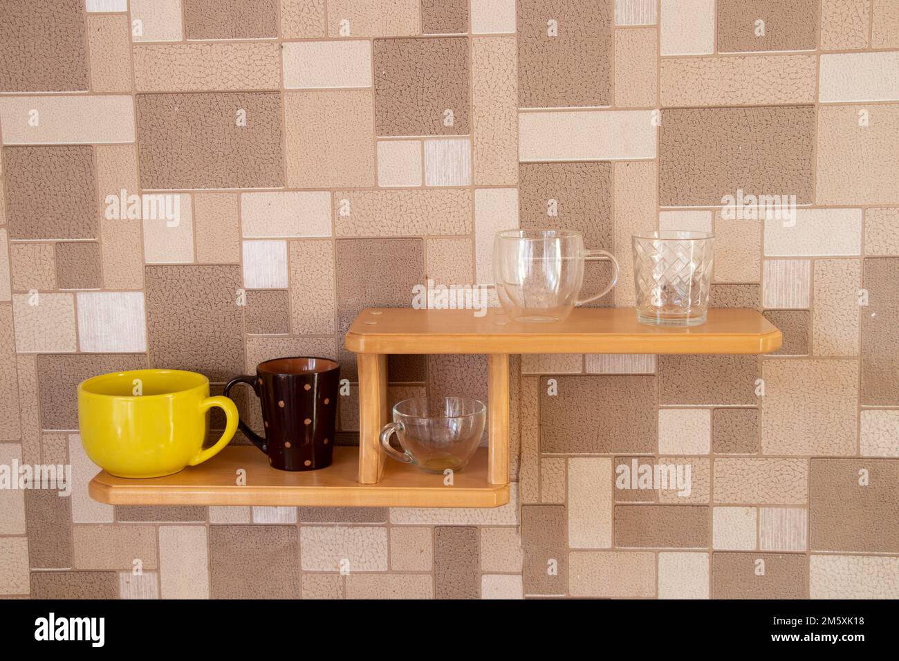 wooden shelf with cups in the kitchen at home Stock Photo - Alamy