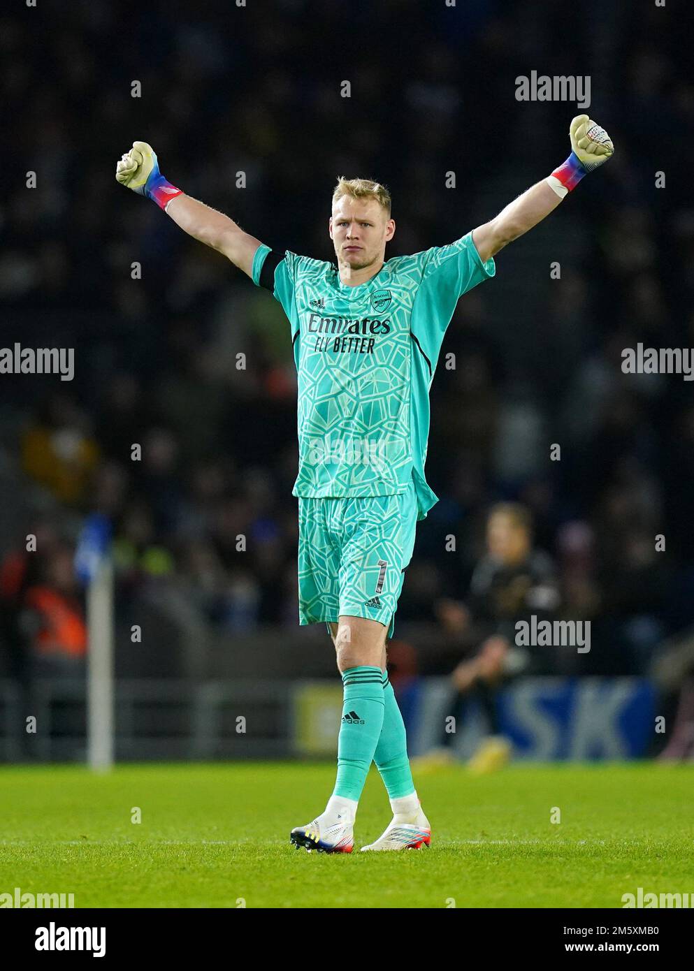 Arsenal goalkeeper Aaron Ramsdale celebrates after team-mate Martin ...