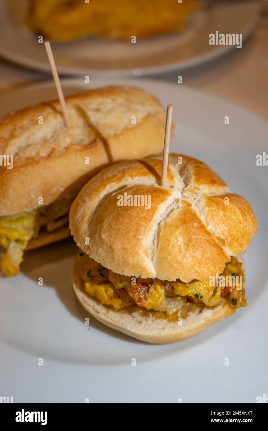 Typical mini burger snack of Basque Country, pinchos or pinxtos, small ...