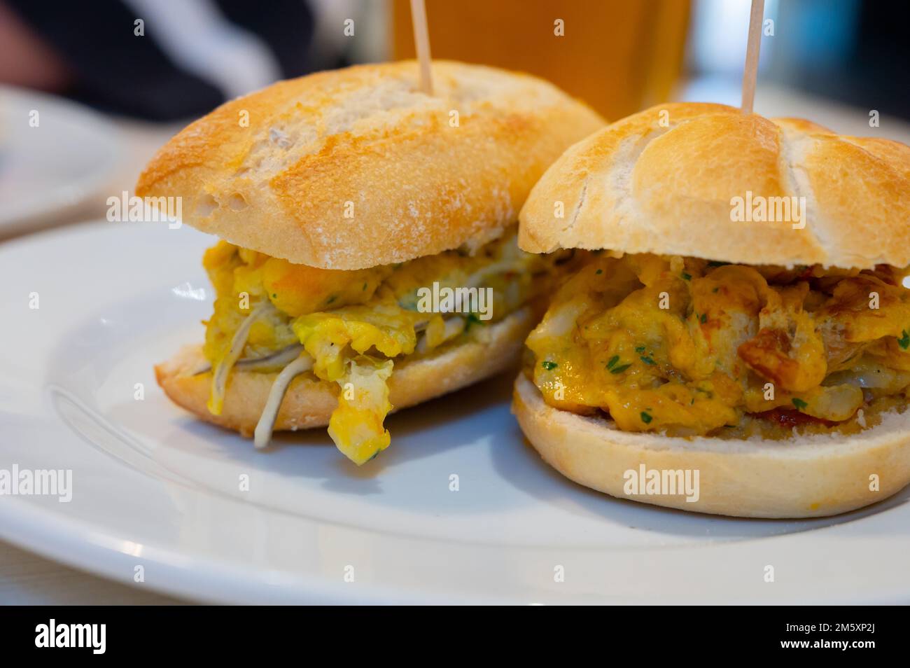 Typical mini burger snack of Basque Country, pinchos or pinxtos, small ...