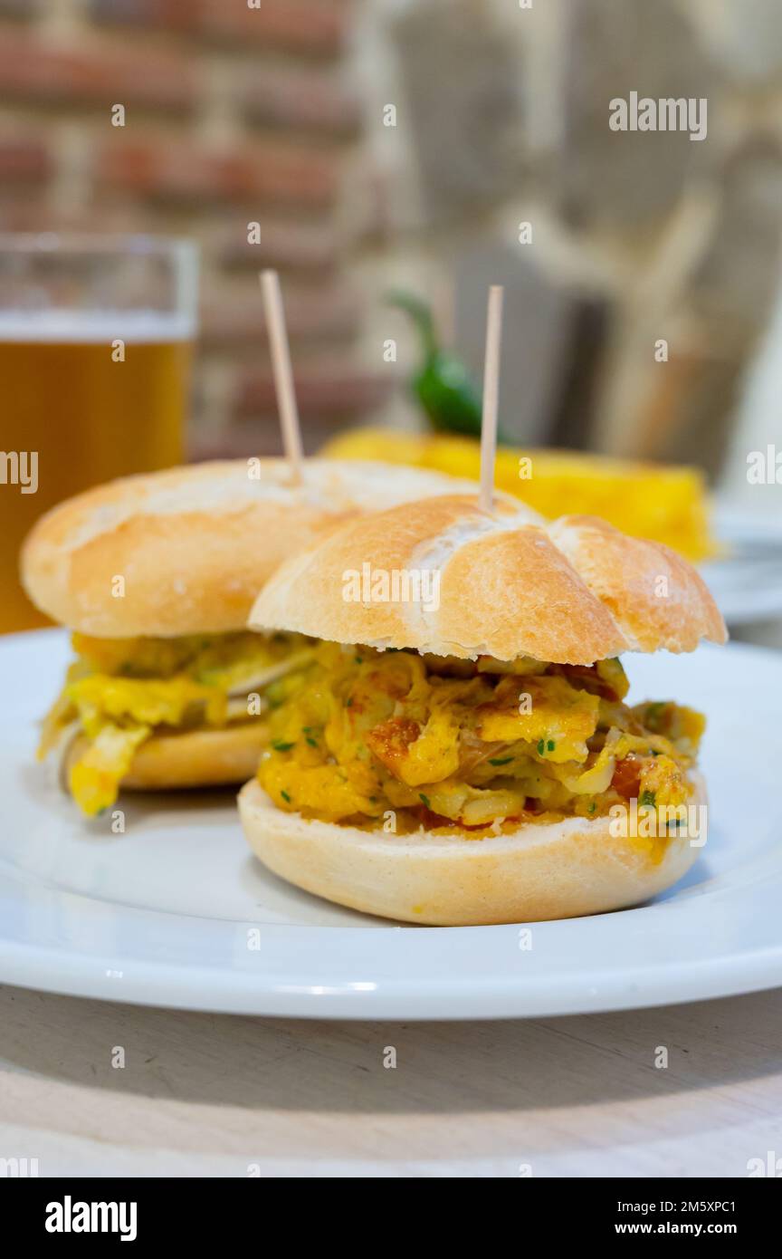 Typical mini burger snack of Basque Country, pinchos or pinxtos, small ...