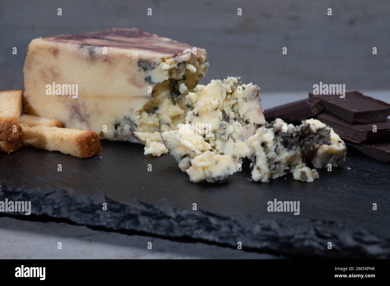 Cheese collection, blue stilton English cheese matured in red porto ...