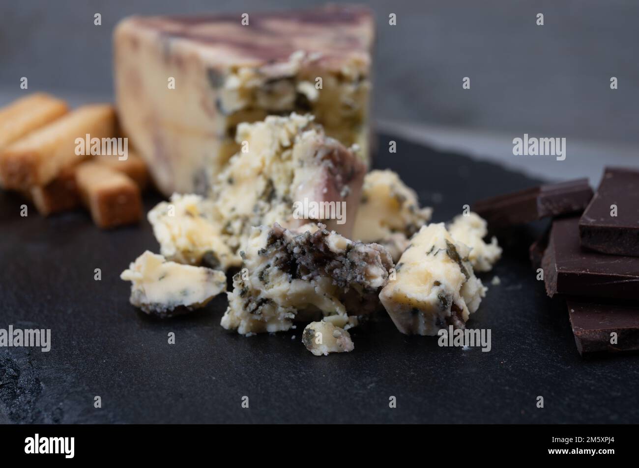 Cheese collection, blue stilton English cheese matured in red porto ...