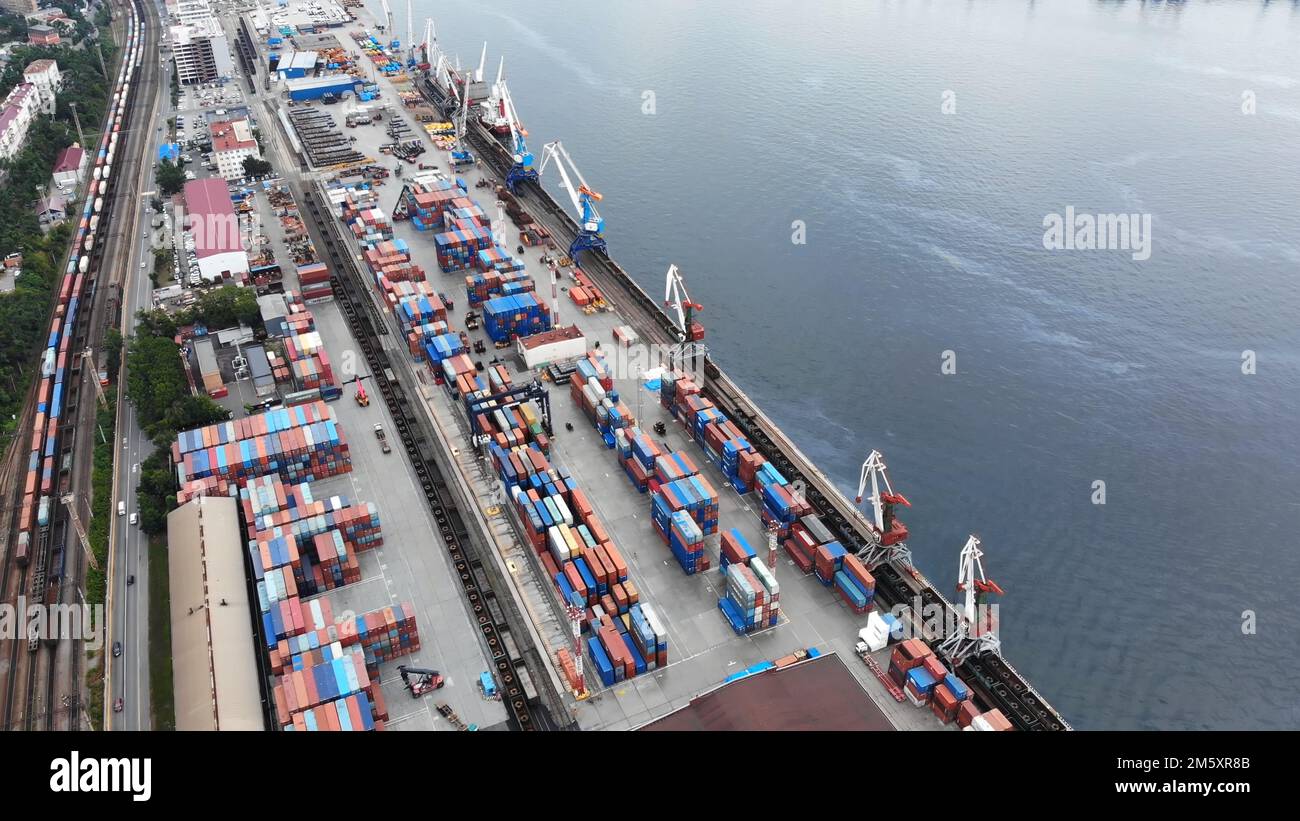 Top view. Vladivostok Commercial Sea Port. Industrial port with ...