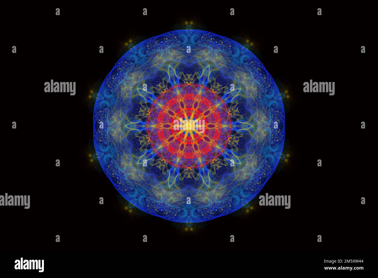 drawn mandala cosmic from lightning of different colors on a black ...