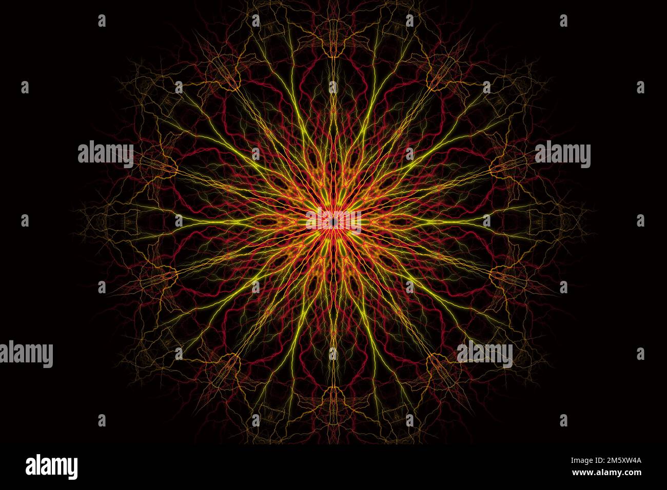 drawn mandala cosmic from lightning of different colors on a black ...