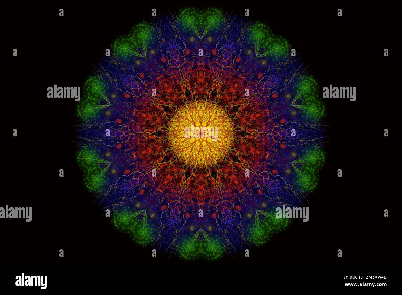 drawn mandala cosmic from lightning of different colors on a black ...