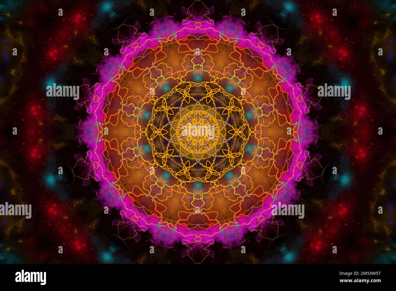 drawn mandala cosmic from lightning of different colors on a black ...