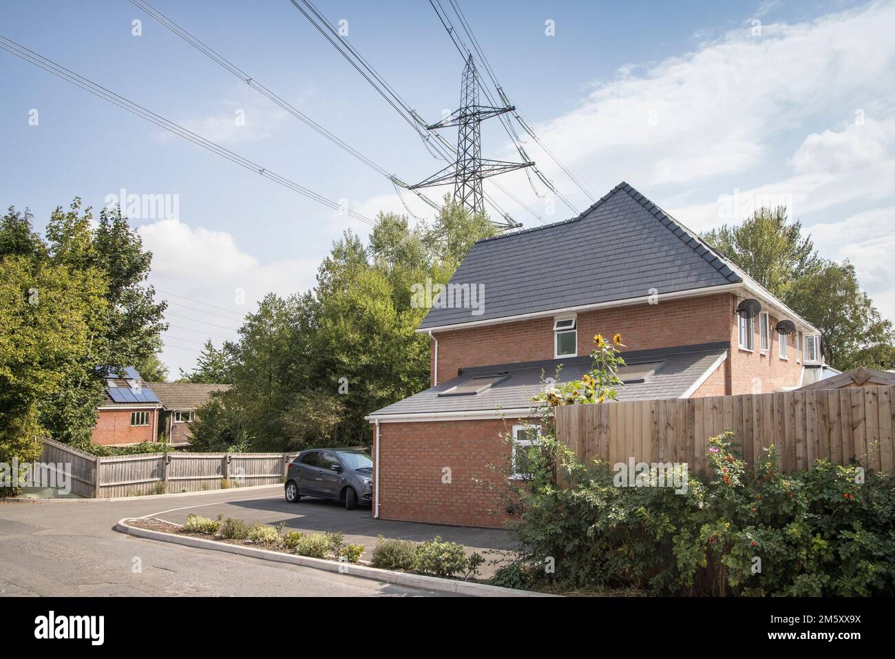 New build house in proximity to power lines, Llanfoist, Wales, UK Stock ...