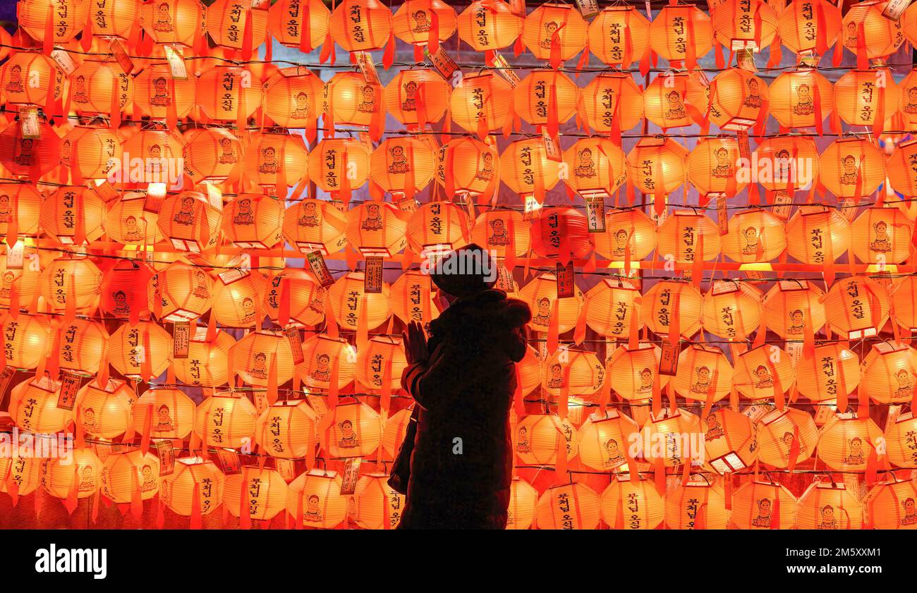 A Buddhist follower prays in front of lotus lanterns during ...