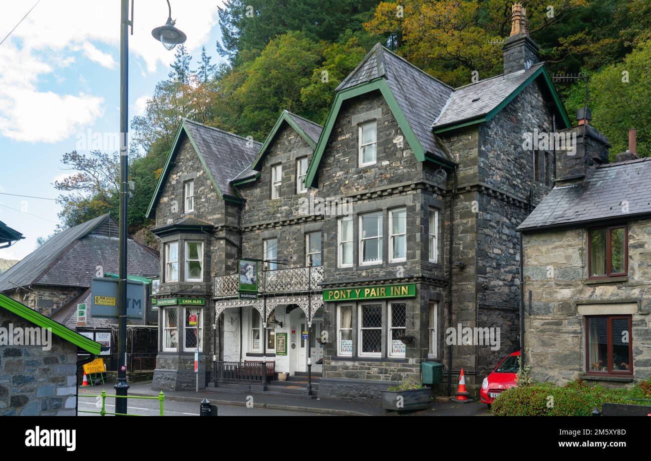 The Pont Y Pair inn, Holyhead Road, Betws Y Coed, North Wales. Image ...