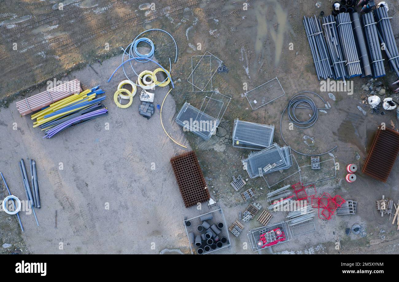 Construction building site materials and tools viewed from above Stock ...