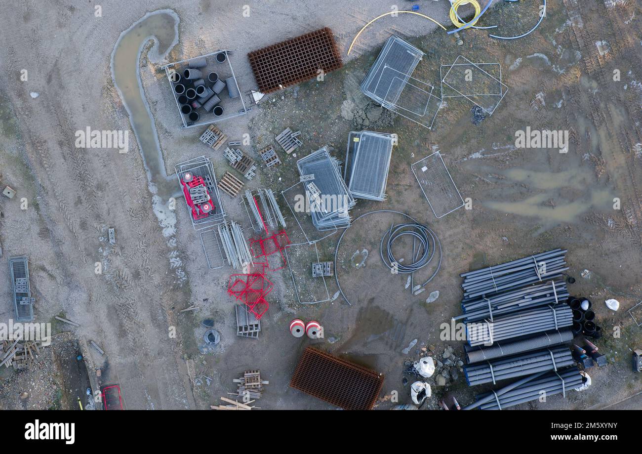 Construction building site materials and tools viewed from above Stock ...