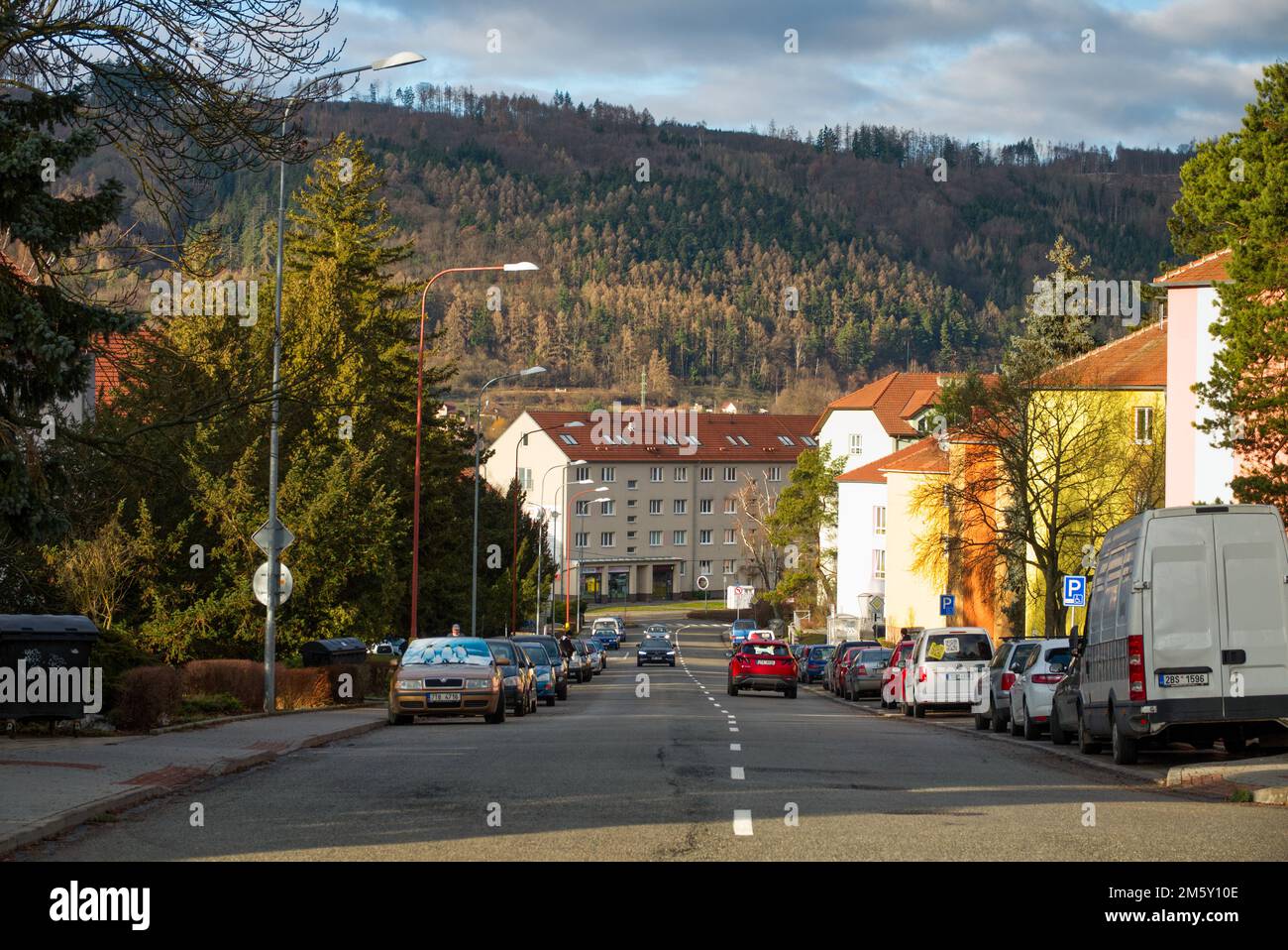 A sloping street in the Moravian town of Blansko. View of residential ...