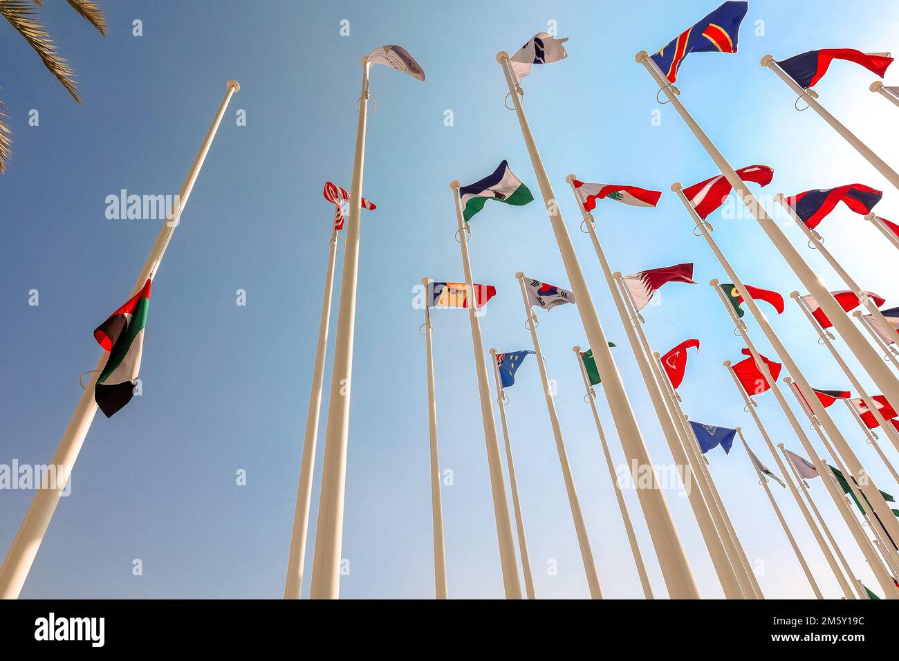 Flags of different countries of world flutters in wind background of ...