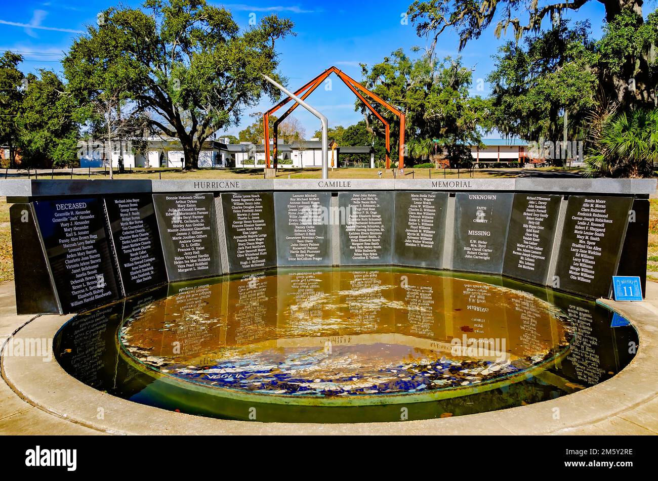 A Hurricane Camille memorial stands in front of a Hurricane Katrina ...