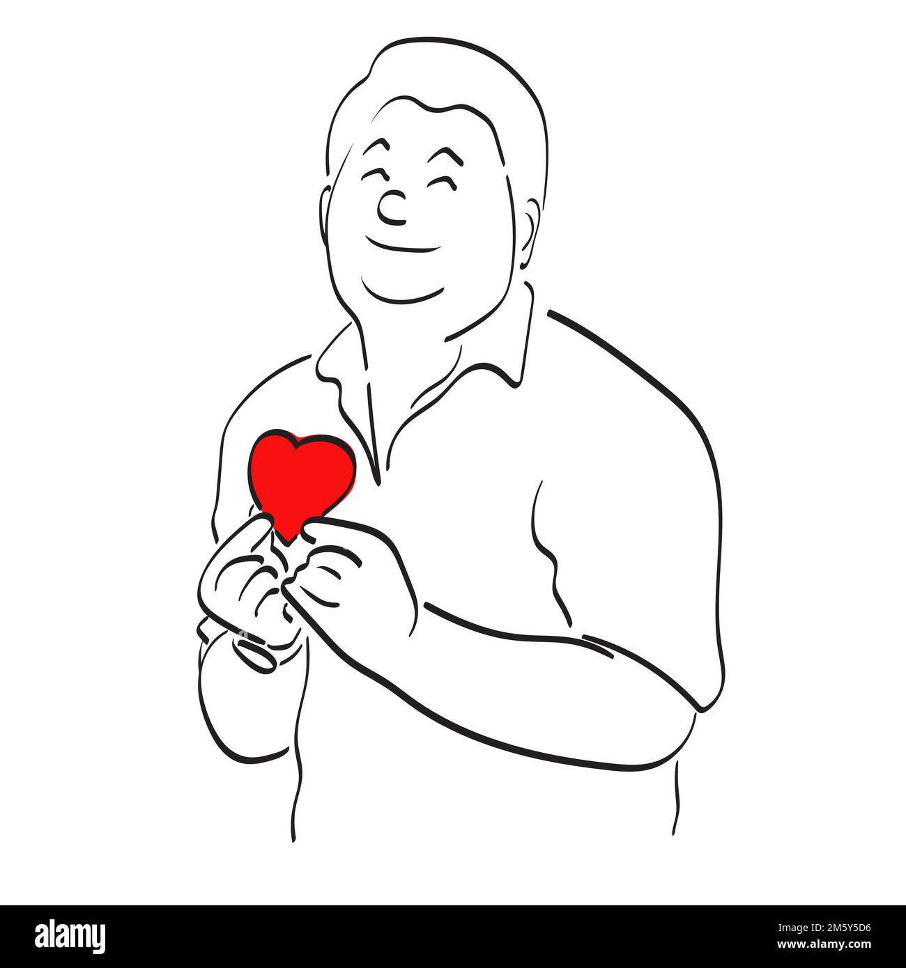 line art fat man holding red heart illustration vector hand drawn ...