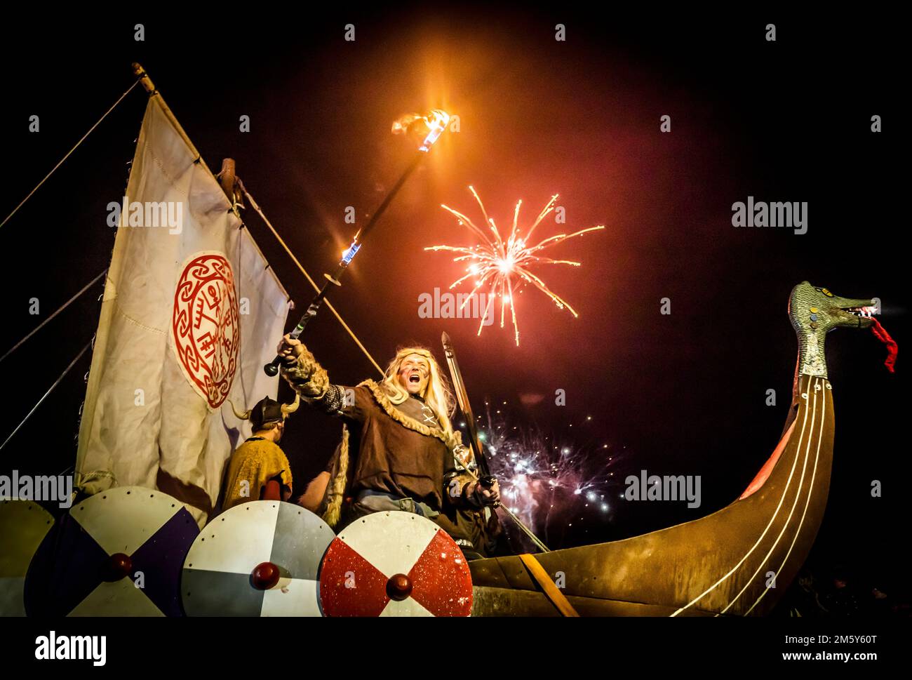 A firework display during the Flamborough Fire Festival, a Viking ...