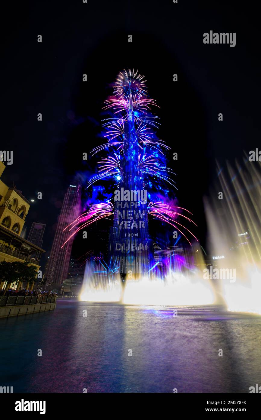Dubai, UAE, 1st January 2023. A fireworks display accompanied by a ...