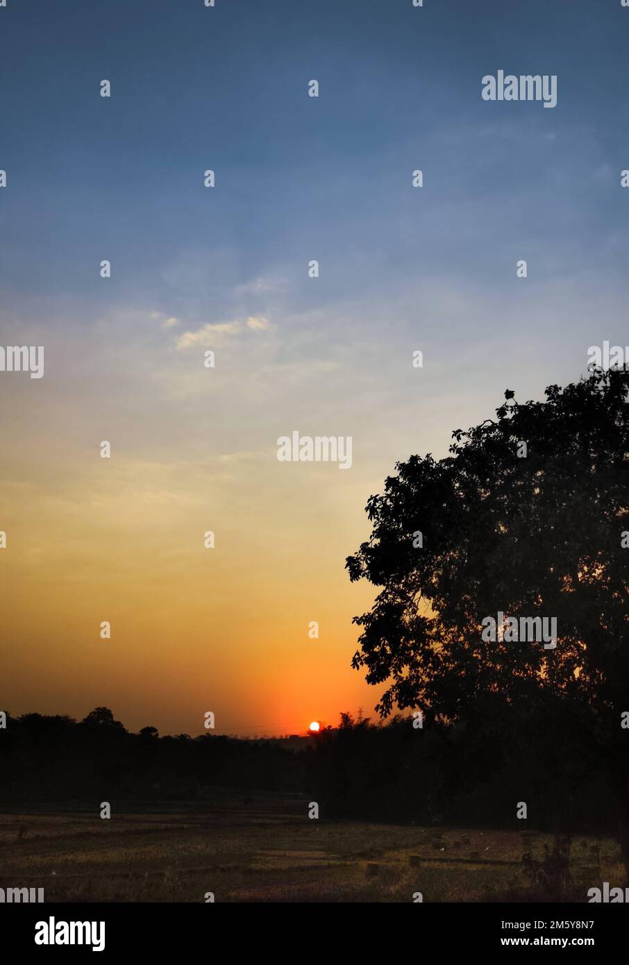 A vertical of the glowing distant sun going behind a hill at sunset ...
