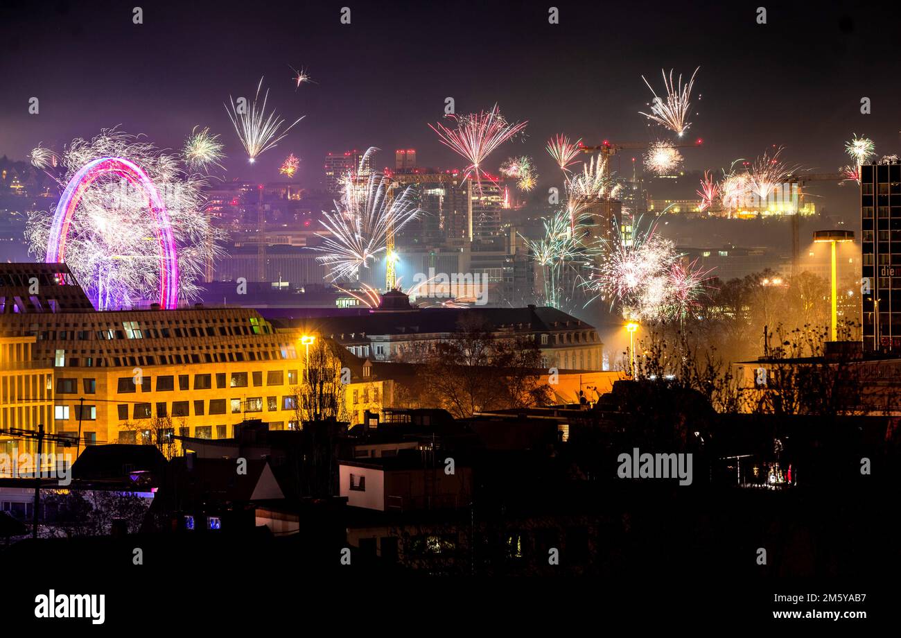 Stuttgart, Germany. 01st Jan, 2023. For the New Year, fireworks over ...