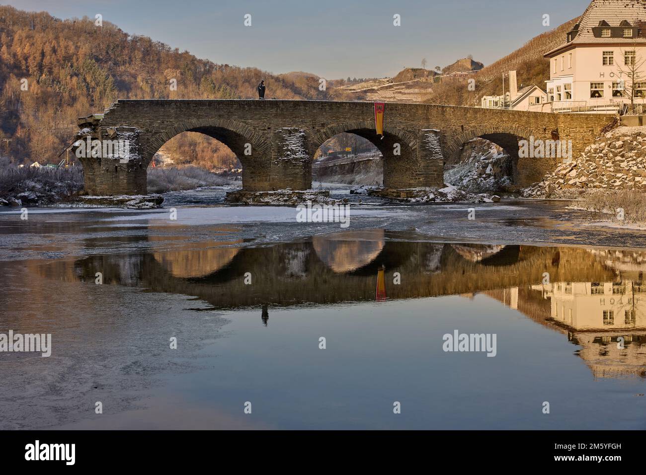 Rech, Germany. 15th Dec, 2022. The Nepomuk Bridge in Rech was severely damaged by the flood ...